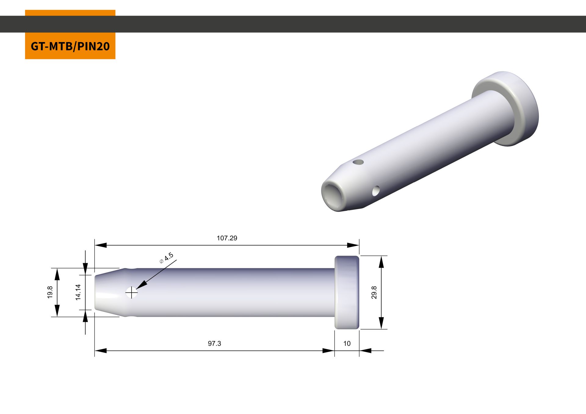 MTB steel pin Base d=20mm (107,3mm) incl. R-Clip | GT-MTB/PIN20